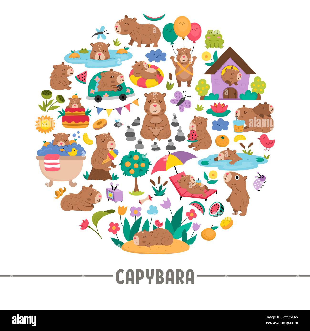 Vector capybara round frame with funny relaxed animals, frog ...