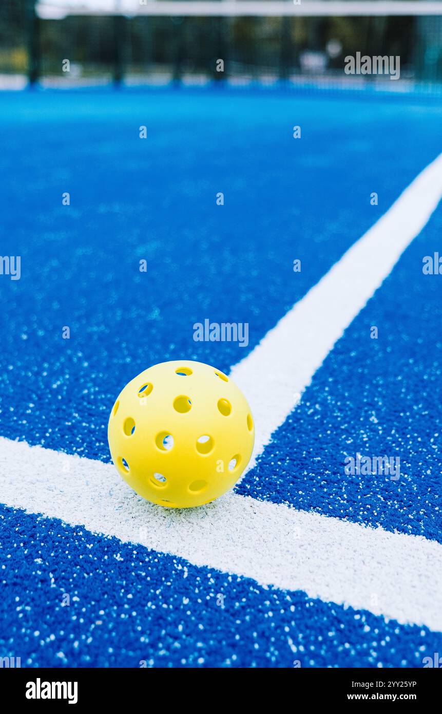 a lonely pickleball ball on the line on a pickleball court, racket ...