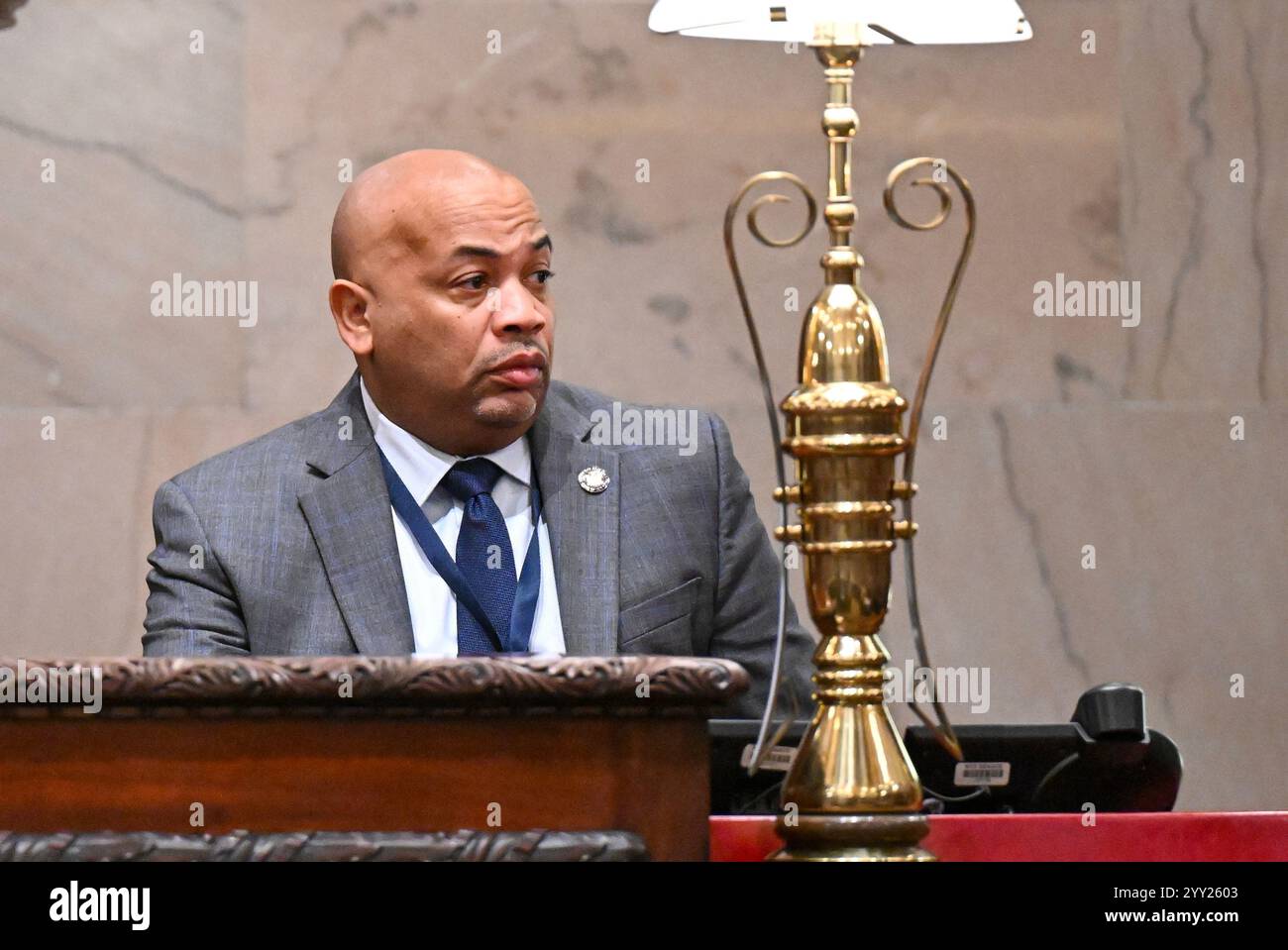 Albany, New York, USA. 17th Dec, 2024. Assembly Speaker CARL HEASTIE, D ...