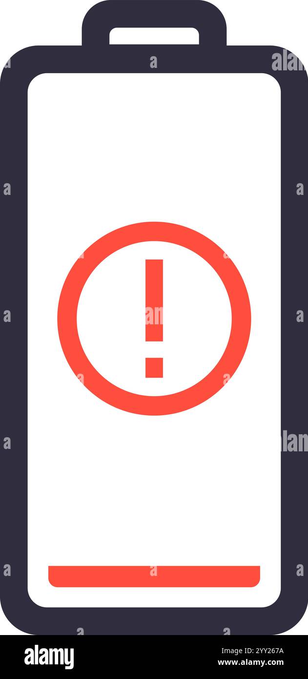 Red low battery warning sign appearing on an almost empty battery icon ...