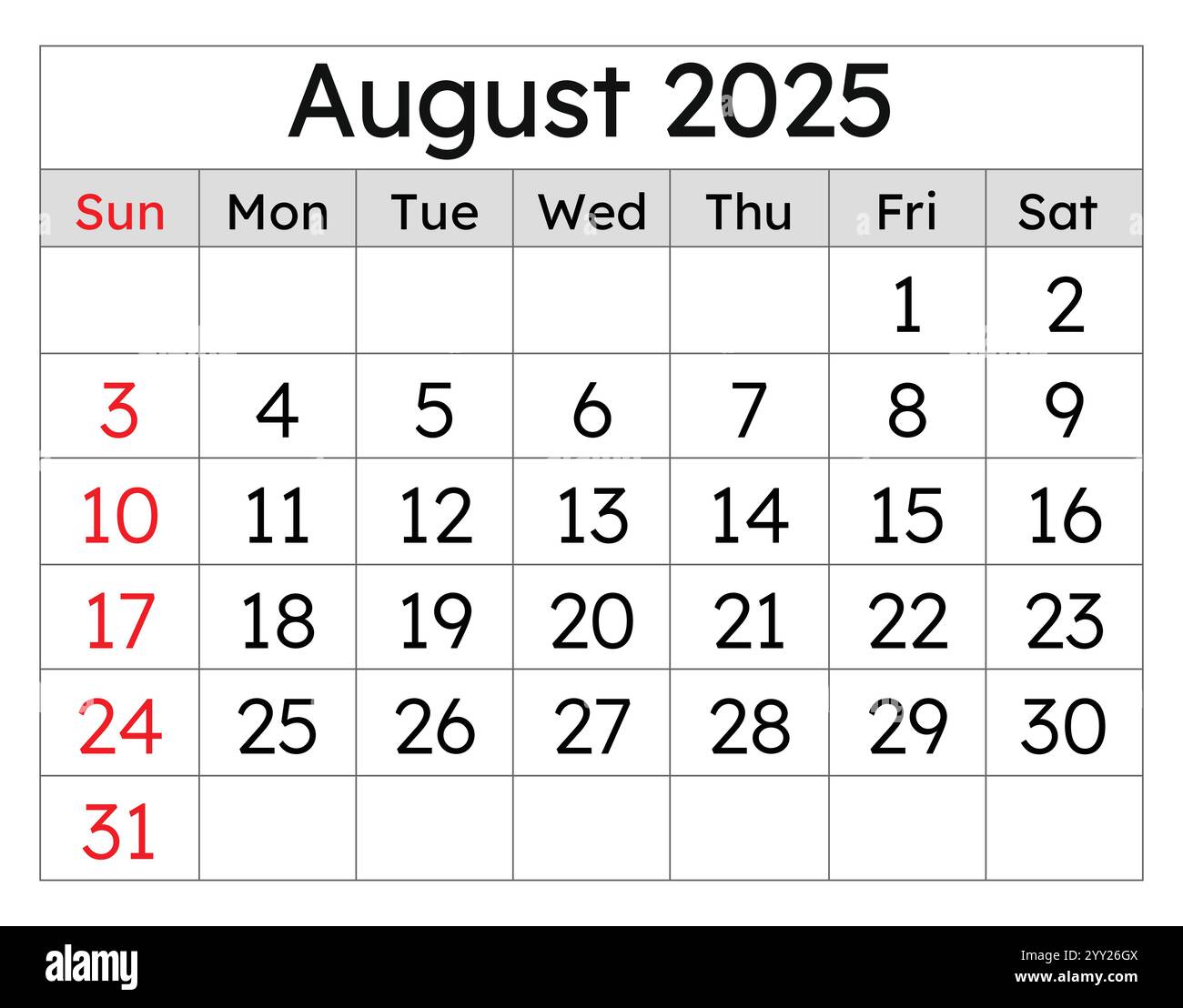 Calendar for august 2025. Simple vector illustration. English page of ...