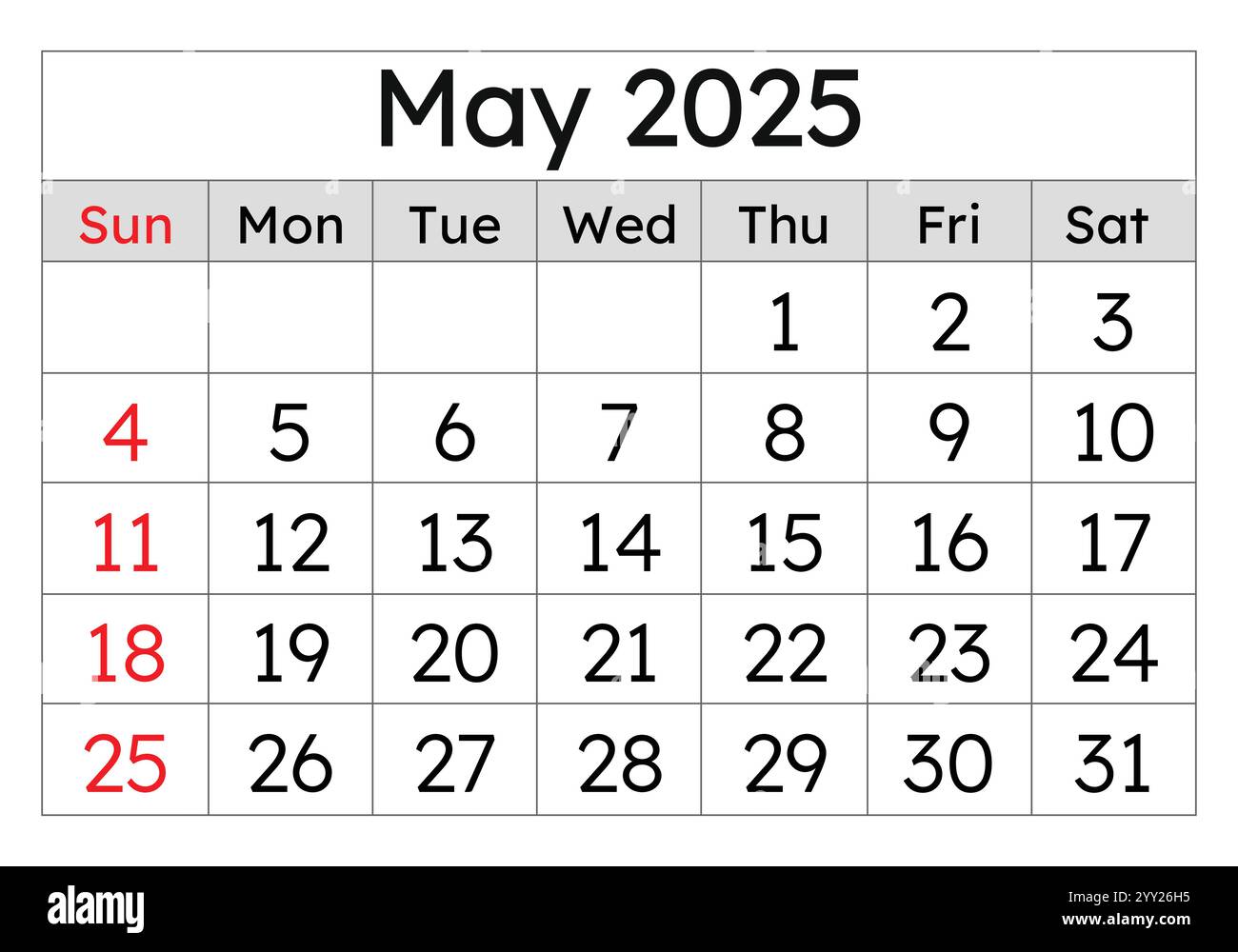 Calendar for may 2025. Simple vector illustration. English page of the ...