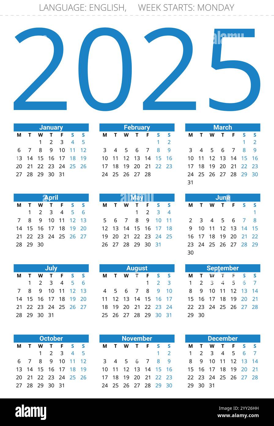2025 year english calendar with big title. Vector illustration. Week ...