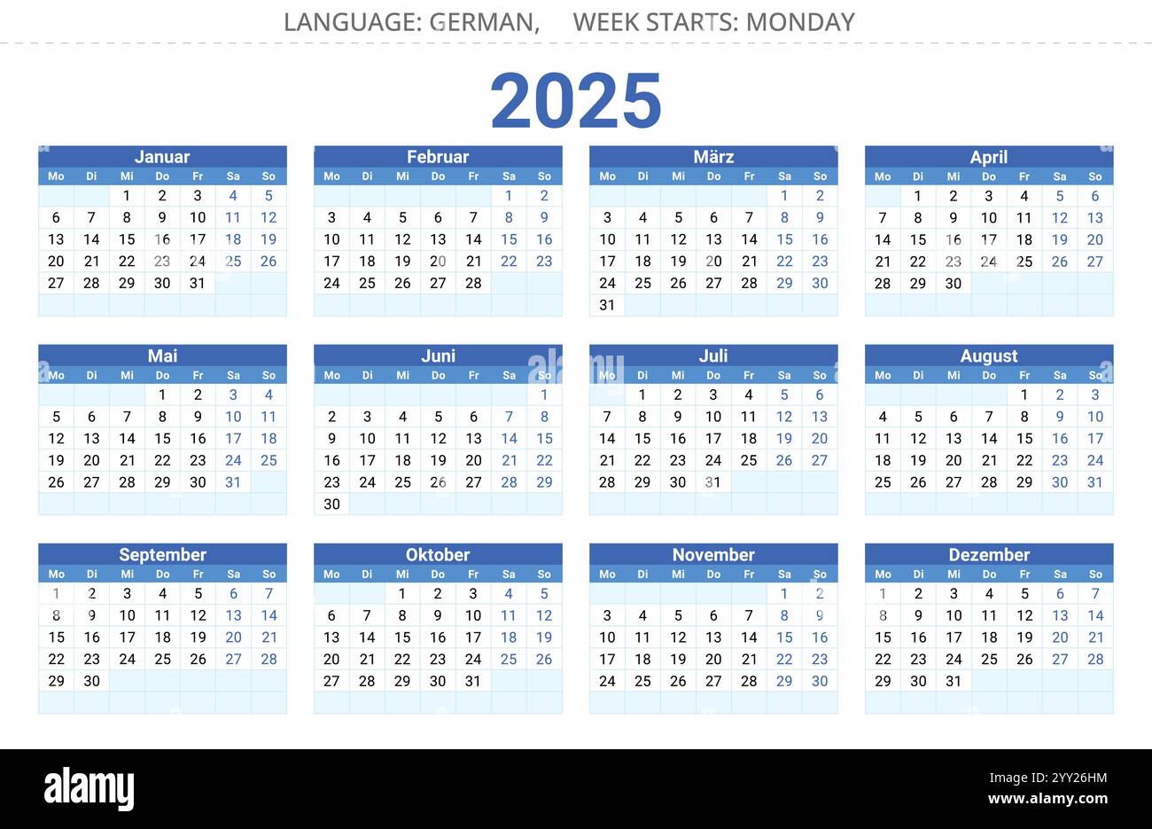 German calendar 2025: Plan for year with vector illustrations of ...