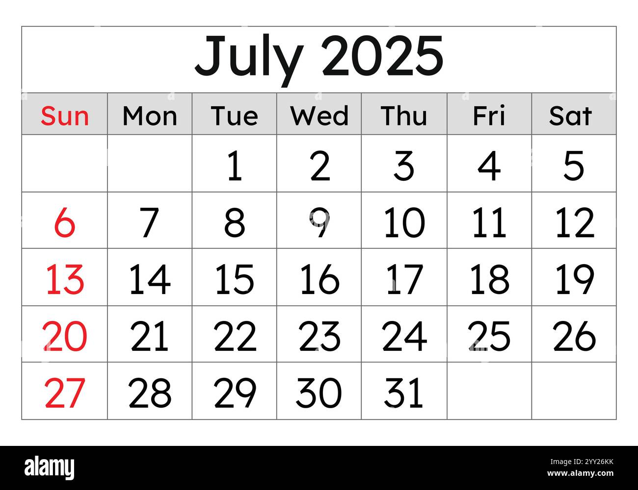 Calendar for july 2025. Simple vector illustration. English page of the ...