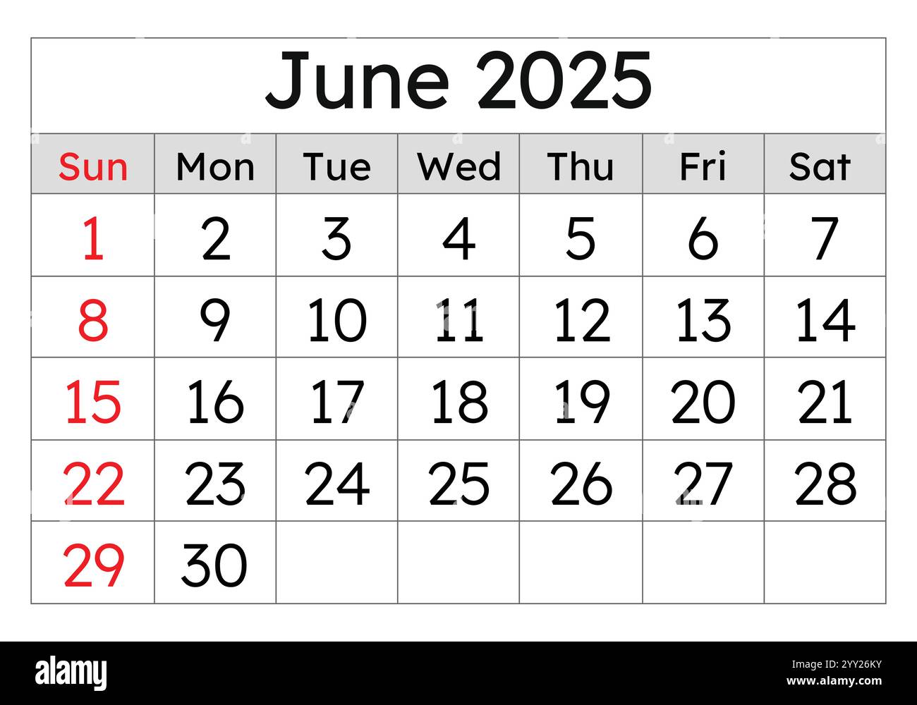Calendar for june 2025. Simple vector illustration. English page of the ...