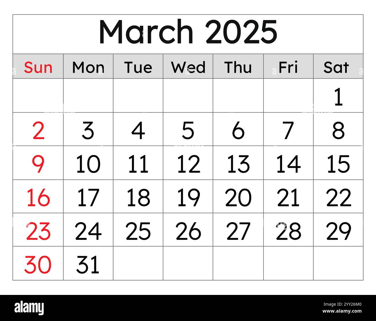 Calendar for march 2025. Simple vector illustration. English page of ...