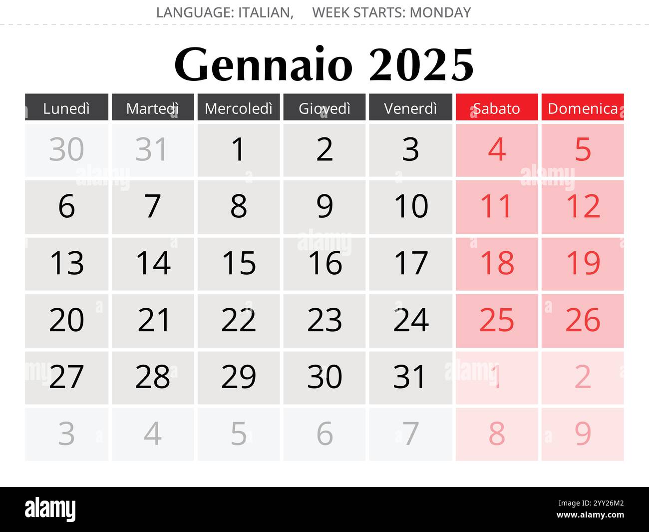Italian calendar for month January 2025. Vector illustration. For Italy ...