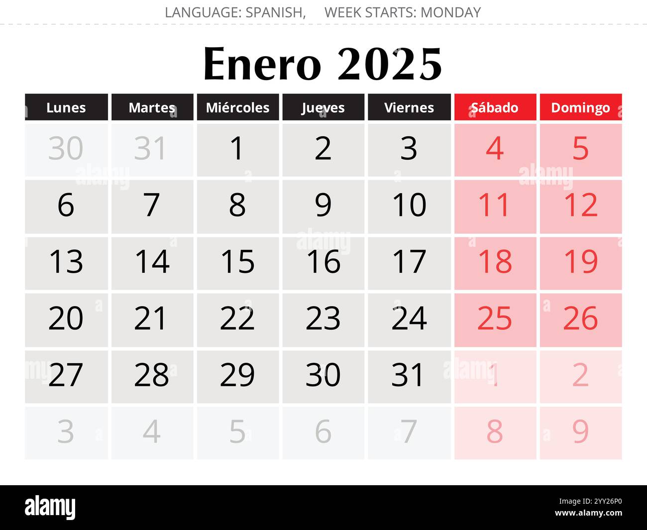 2025 Spanish January monthly calendar - Enero. Vector illustrations for ...