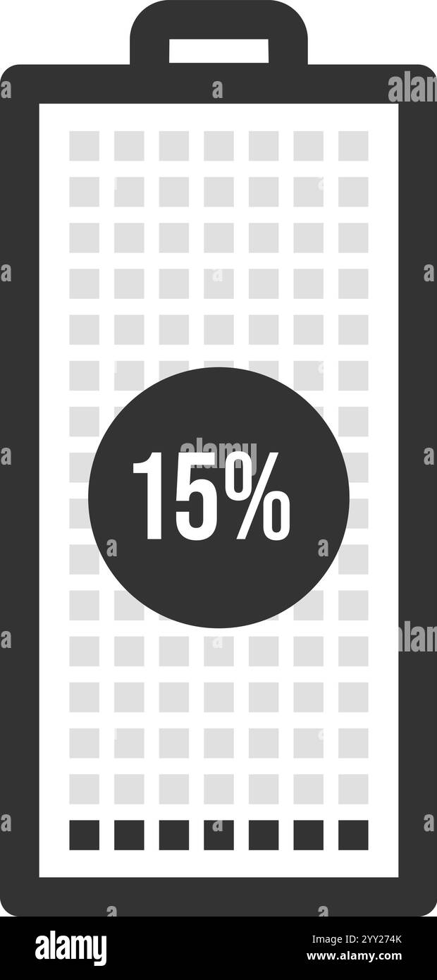Minimalist battery icon displaying a 15 percent charge level ...