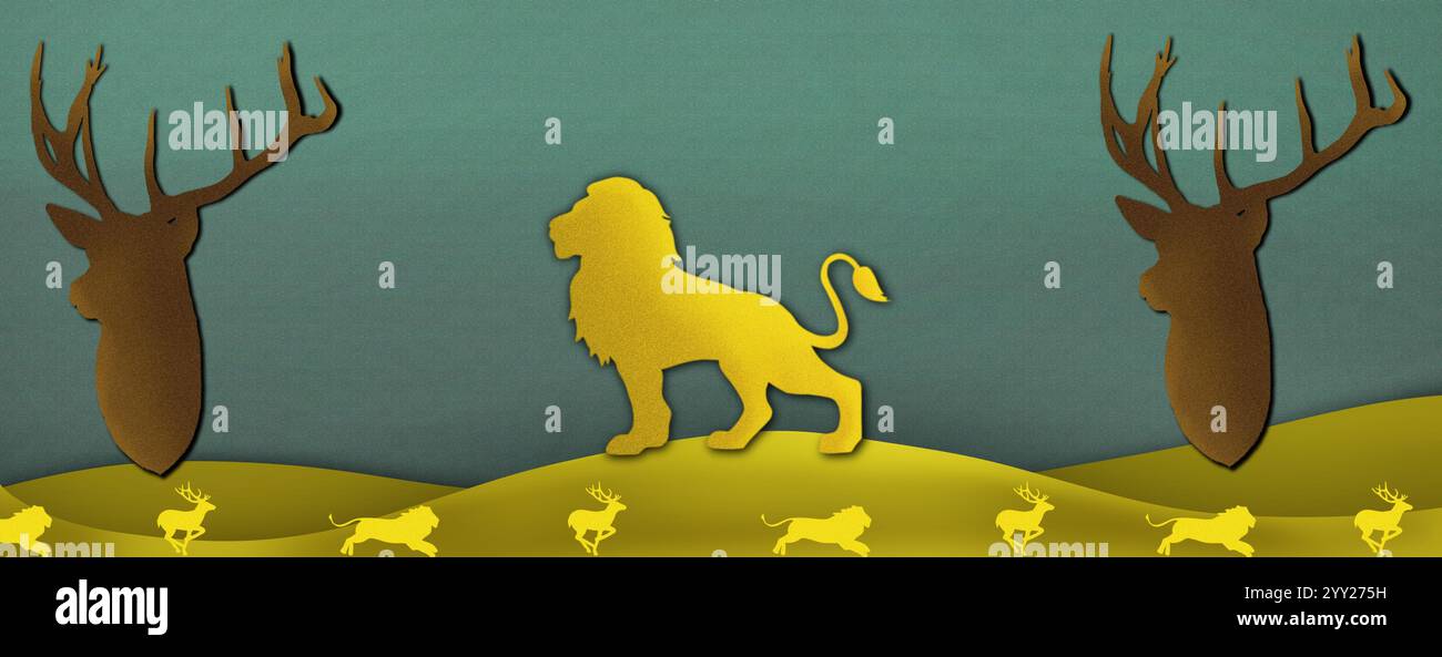 2D paper cut golden lion and brown deer head on rough soft green ...