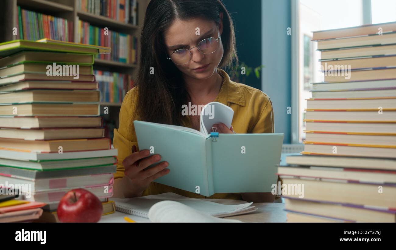 Caucasian high school student girl reader bookworm woman read books ...