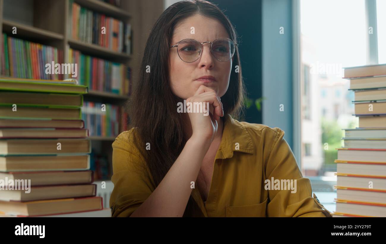 Pensive female thoughtful woman girl high school student teacher tutor ...