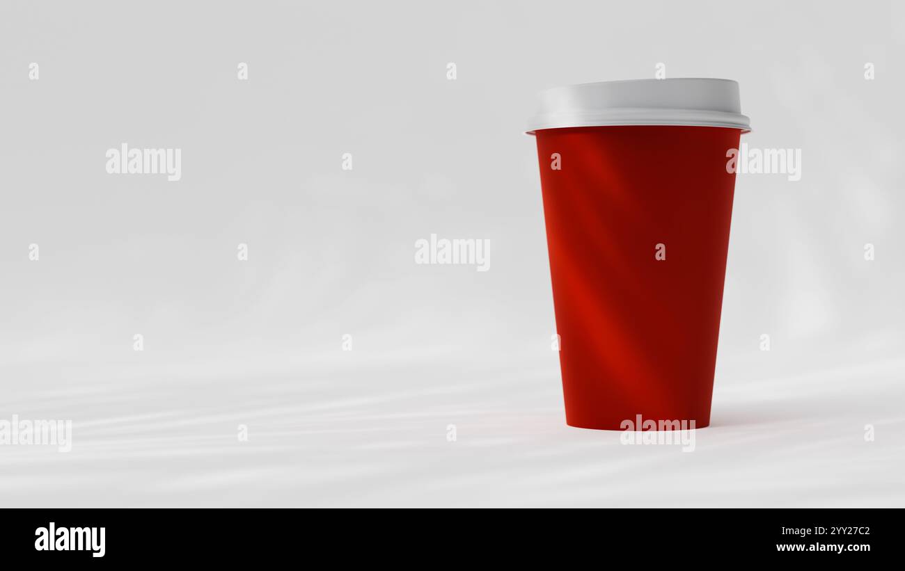Minimalist Red Blank Paper Coffee Cup on a white background with plant ...