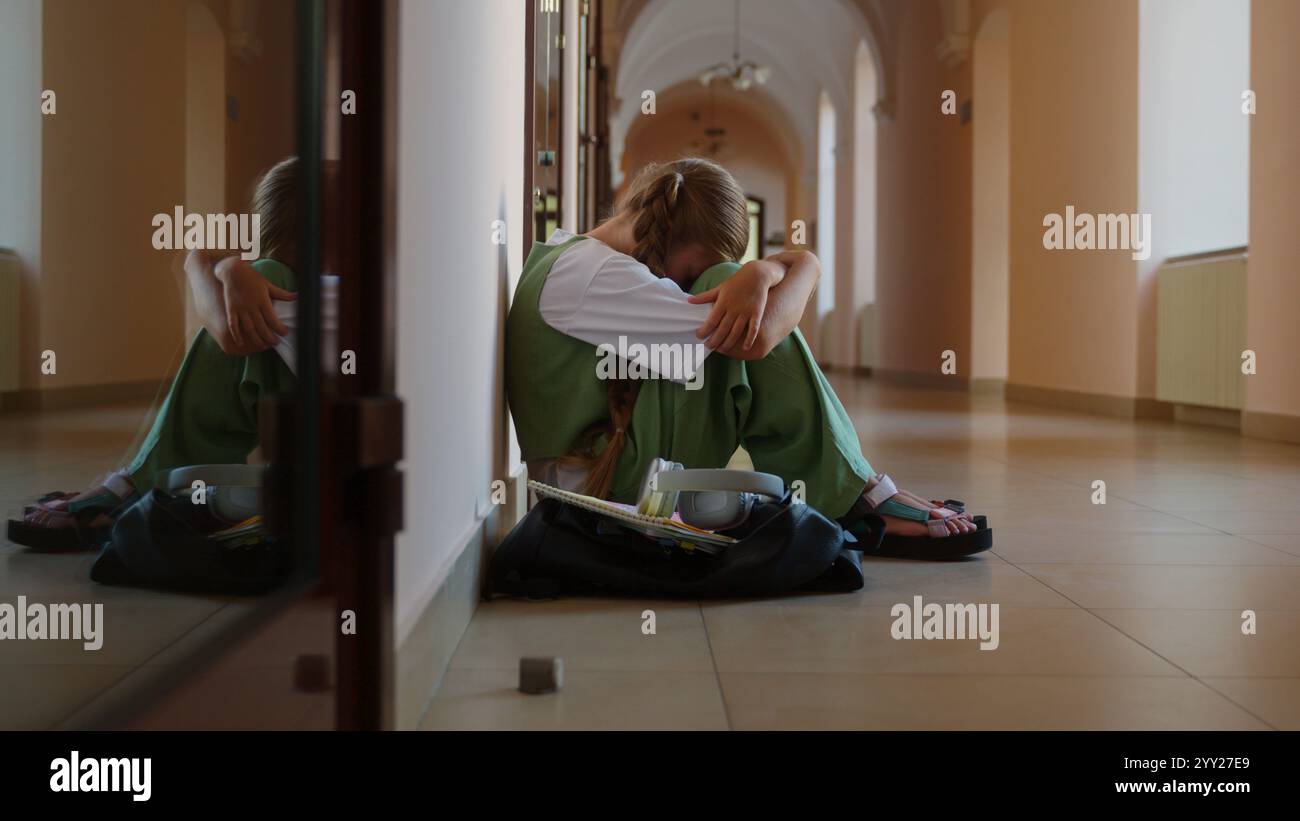 Caucasian sad alone worried stressed girl student schoolgirl daughter child kid teenager pupil ...