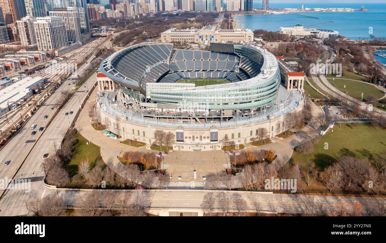 An aerial view of Soldier Field, home to the Chicago Bears, looking ...