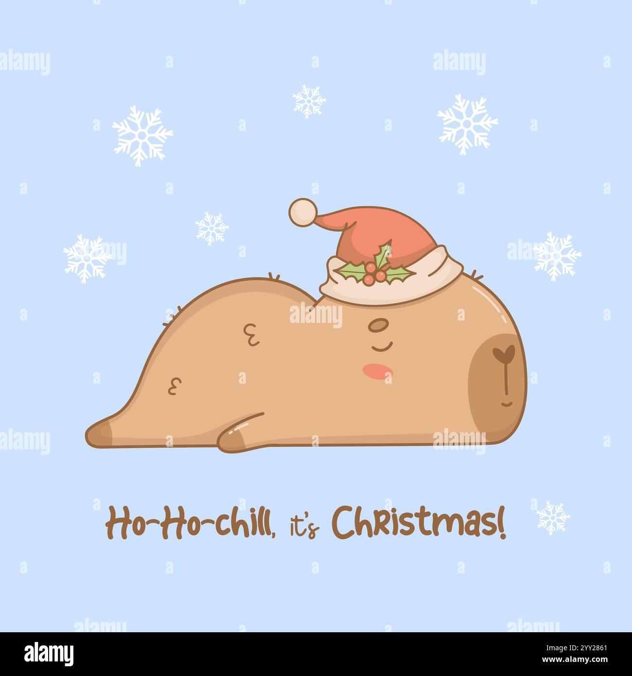 Cute Christmas lying sleeping Capybara in Santa hat with snowflakes ...
