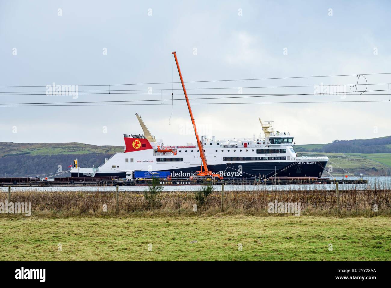 Glen Sannox ferry berthed at Fairlie Quay following construction at ...