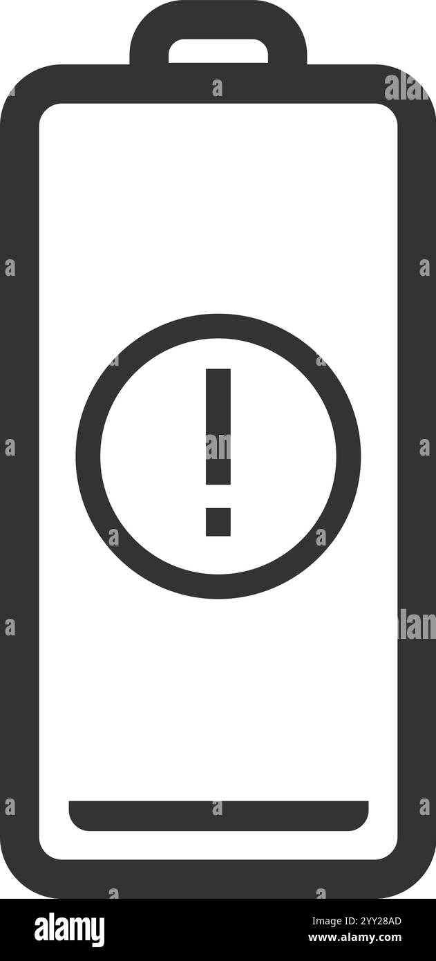 Simple battery icon depicting low charge, featuring an exclamation mark ...