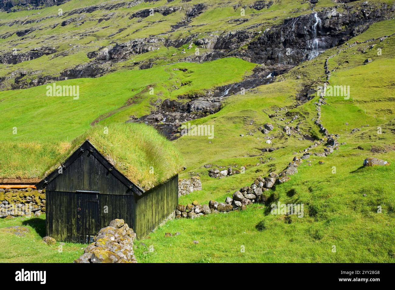 Saksun village with turf-roofed farm houses, Faroe Islands Stock Photo ...