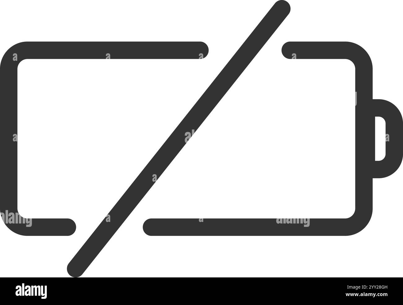Diagonal line crossing a simple battery icon, indicating a critically low or empty battery ...