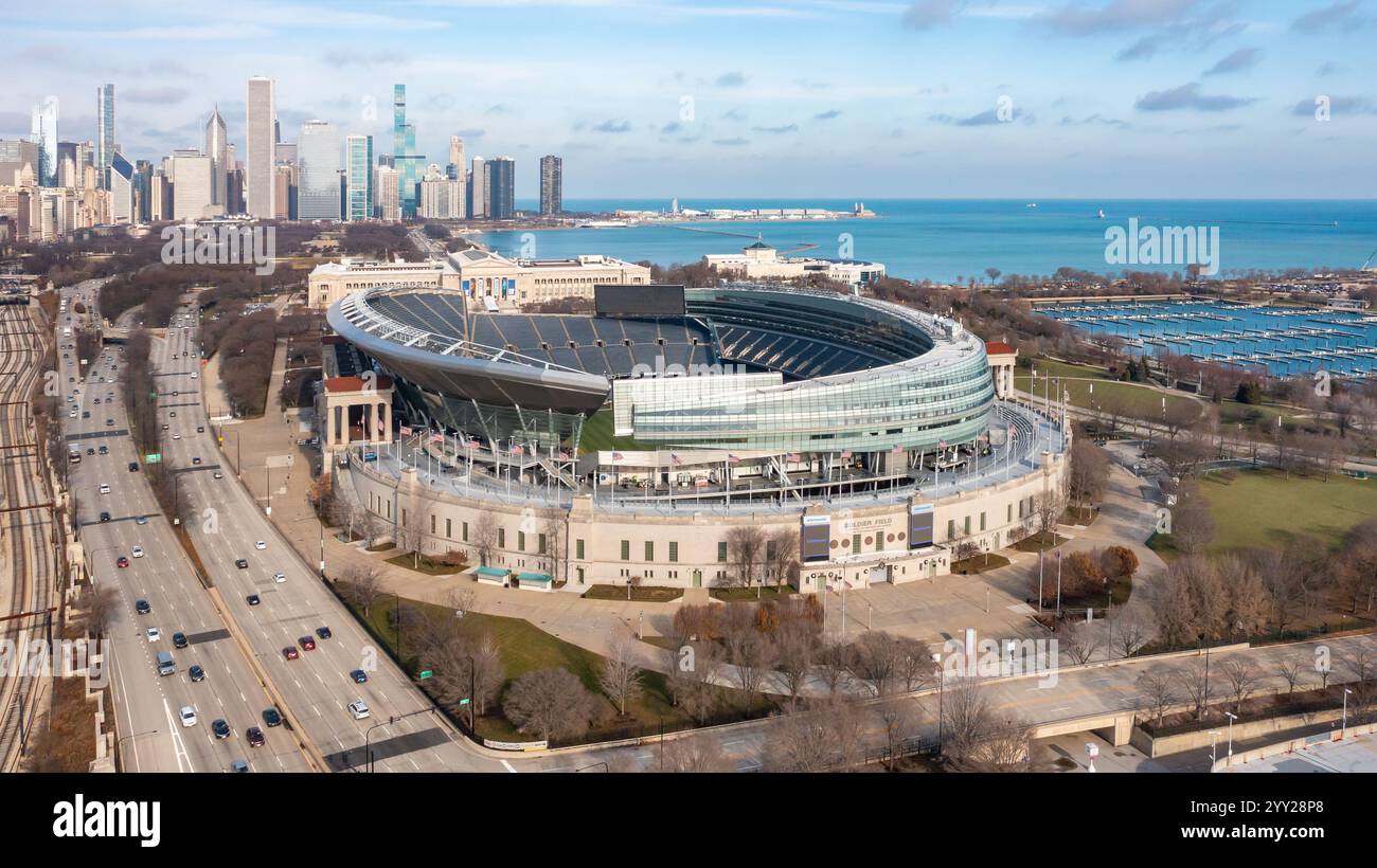 An aerial view of Soldier Field, home to the Chicago Bears, looking ...