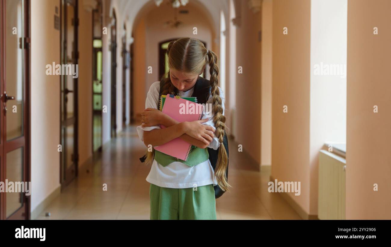 Portrait sad teen girl student pupil learner schoolgirl upset lonely ...