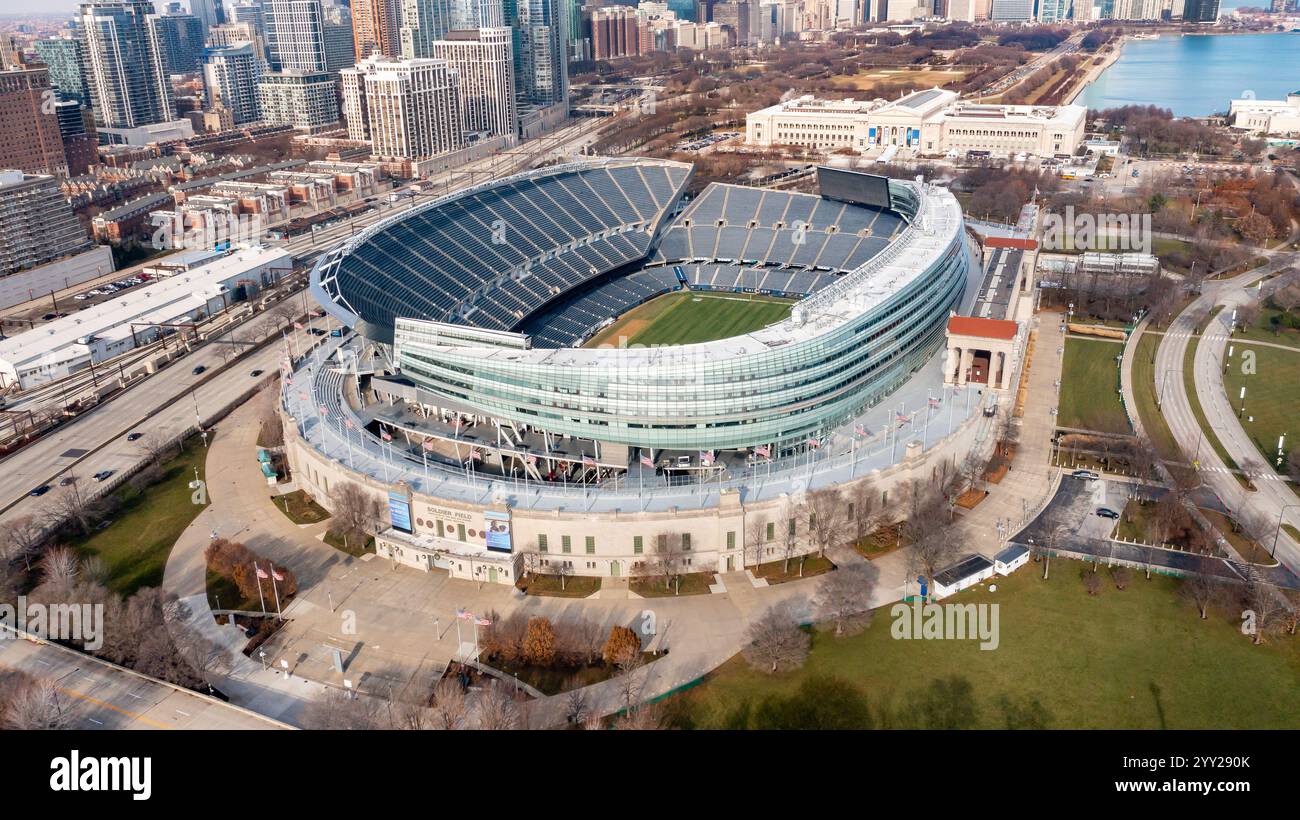 An aerial view of Soldier Field, home to the Chicago Bears, looking ...