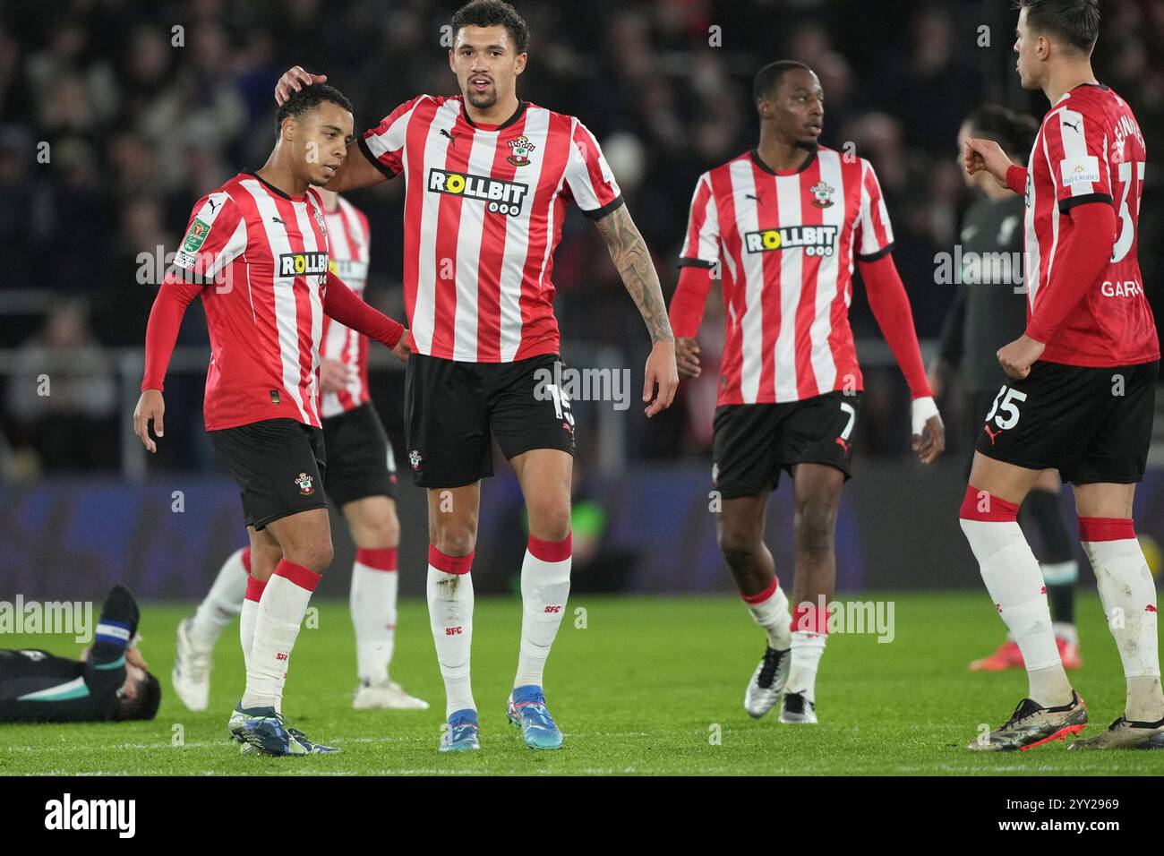 Southampton's Nathan Wood r gives a pat to Cameron Archer after he ...