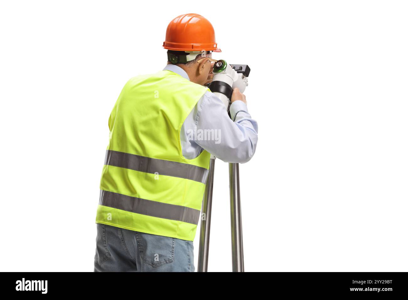 Rear view shot of a geodetic surveyor using a measuring instrument ...