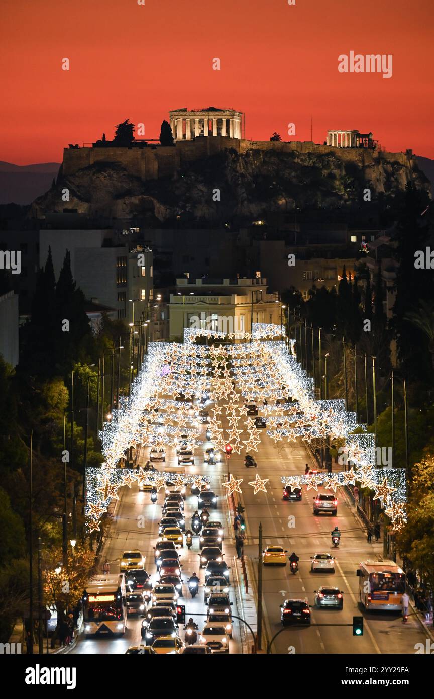 Athens, Greece. 18 December 2024. A main street is adorned with ...