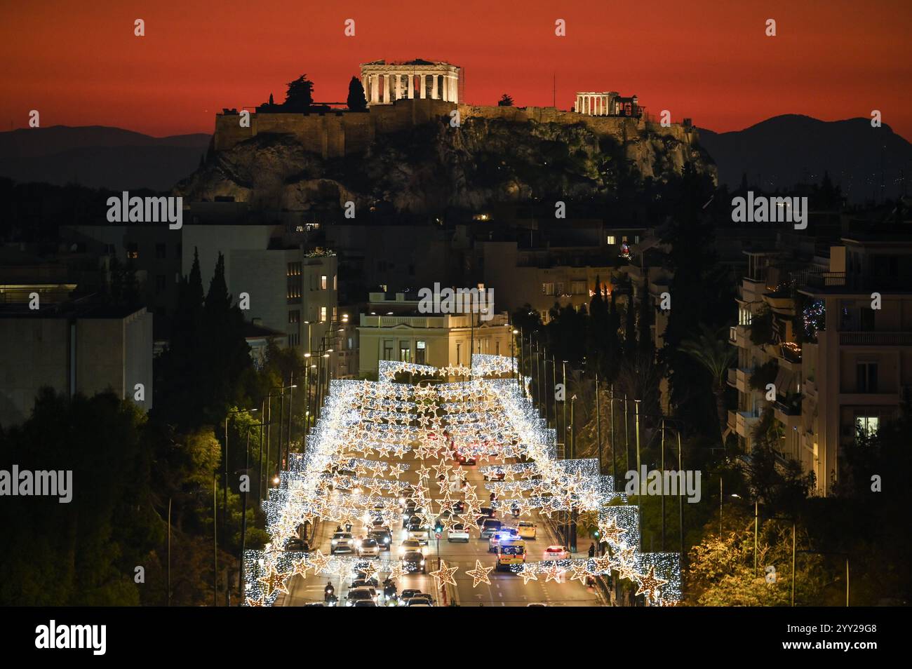 Athens, Greece. 18 December 2024. A main street is adorned with ...