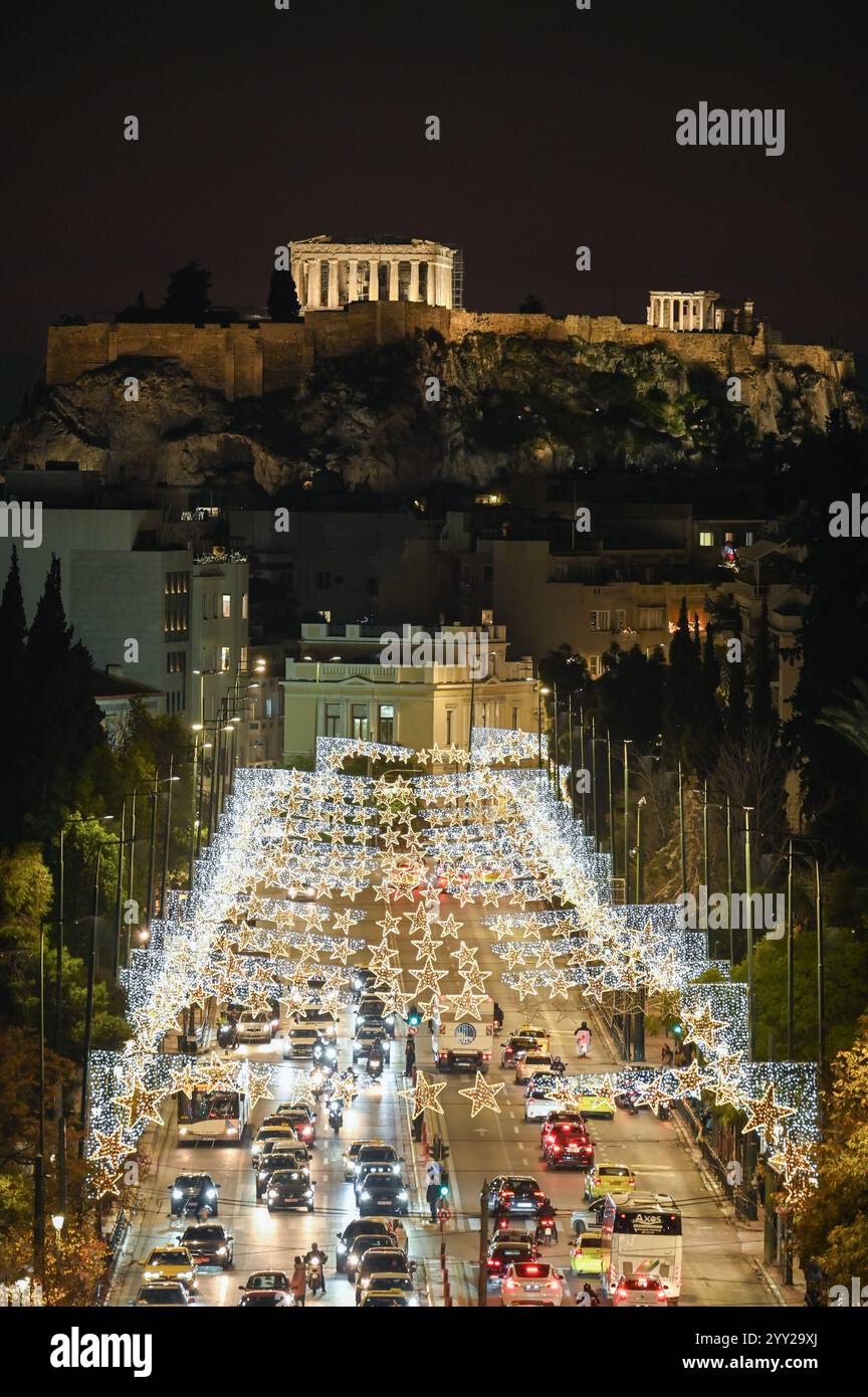 Athens, Greece. 18 December 2024. A main street is adorned with ...