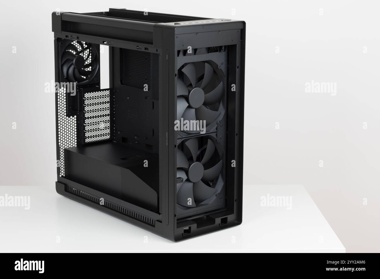 Side view of empty big tower, PC case, chassis, two extra-thick 200 x ...