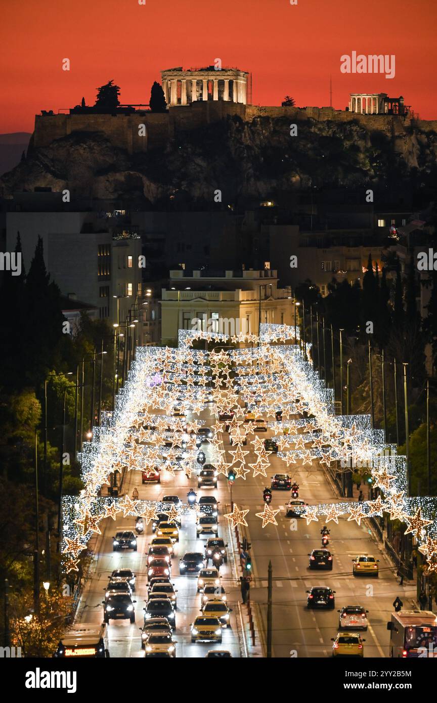 Athens, Greece. 18 December 2024. A main street is adorned with ...