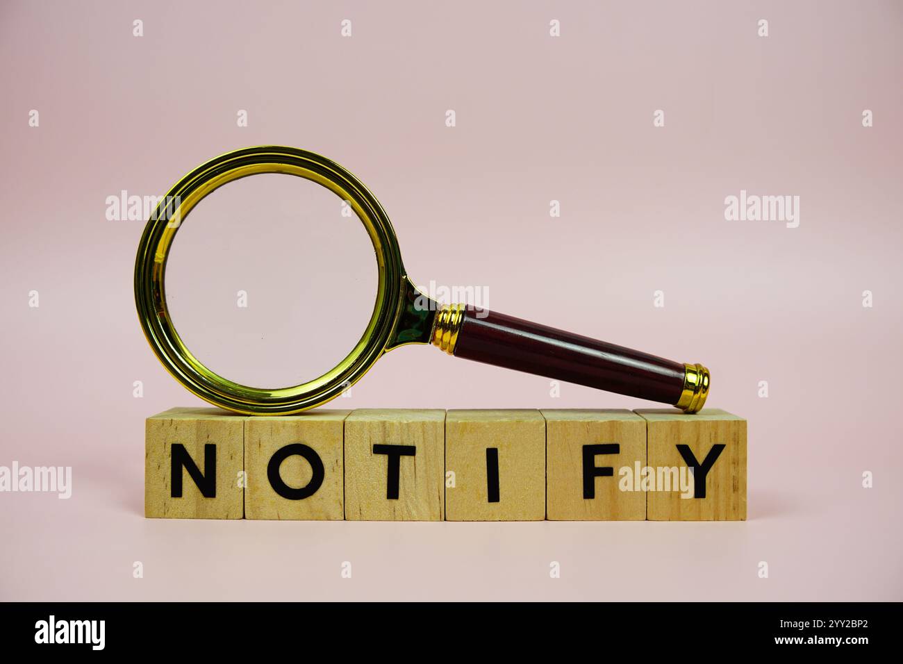 Notify with wooden blocks alphabet letters and Magnifying glass on pink ...