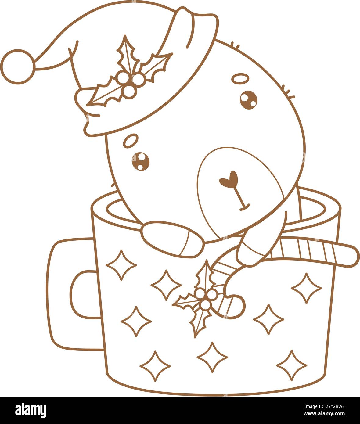 Outline Cute Christmas Capybara in Santa hat in cup with striped candy ...