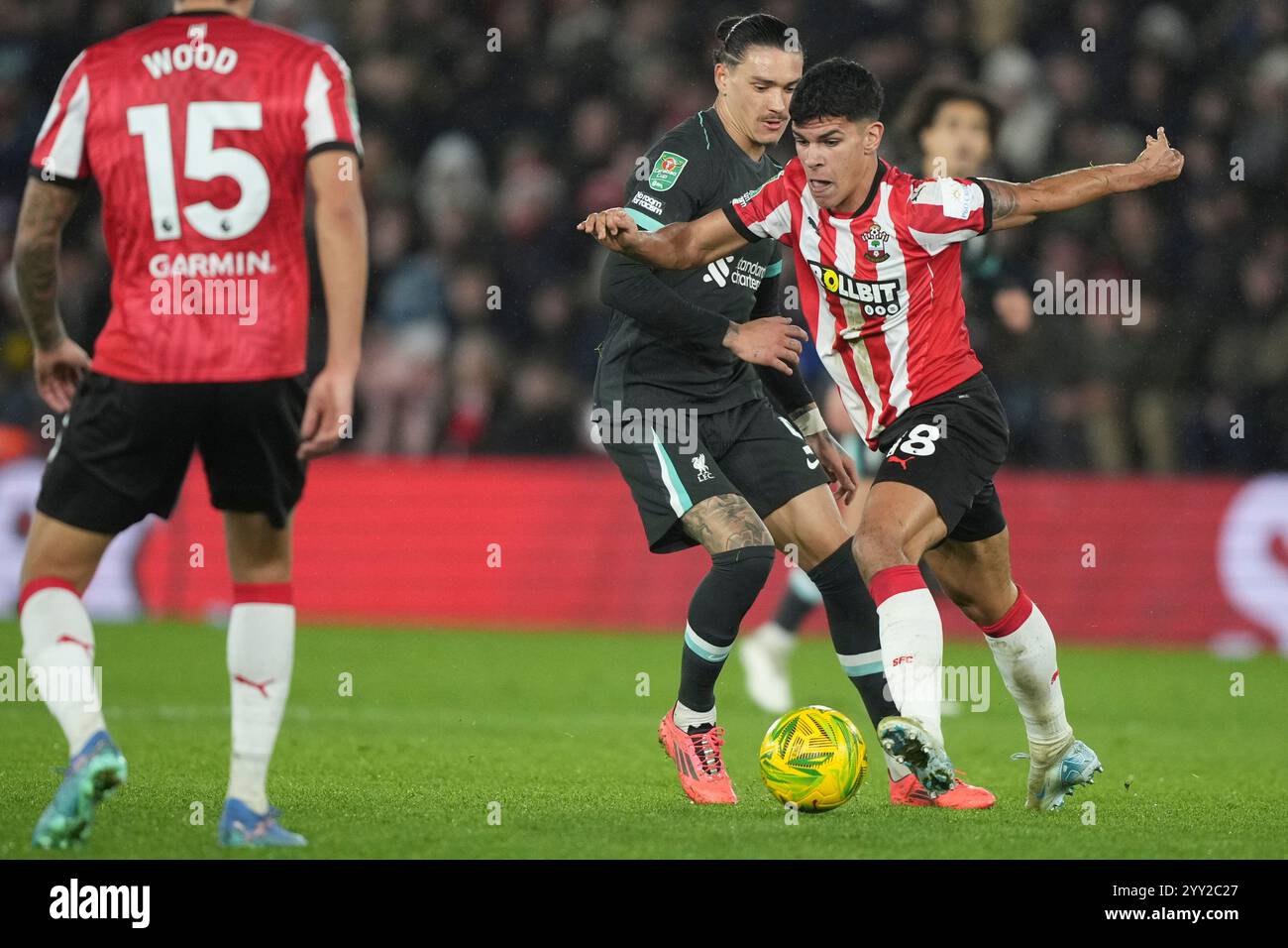 Liverpool's Darwin Nunez guards Southampton's Mateus Fernandes during ...