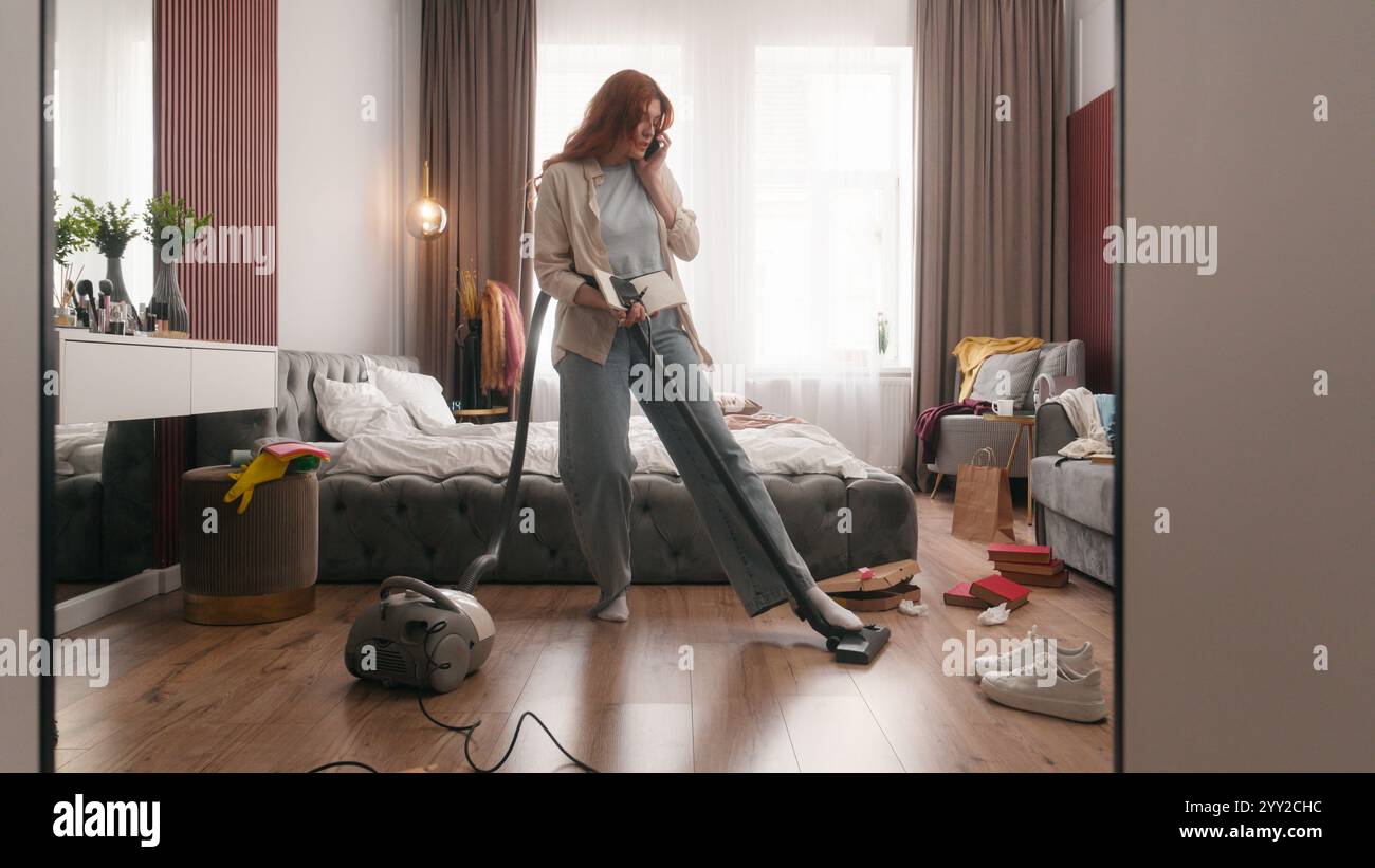 Mess in bedroom home cleaning stressed busy woman girl lady female ...