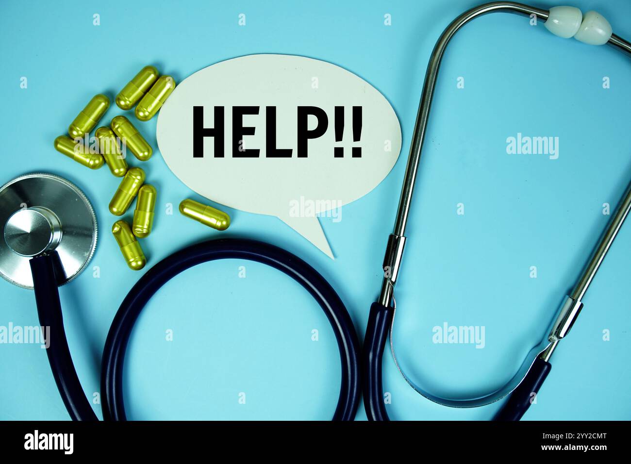 Help text with stethoscope and capsule medicine on blue background ...