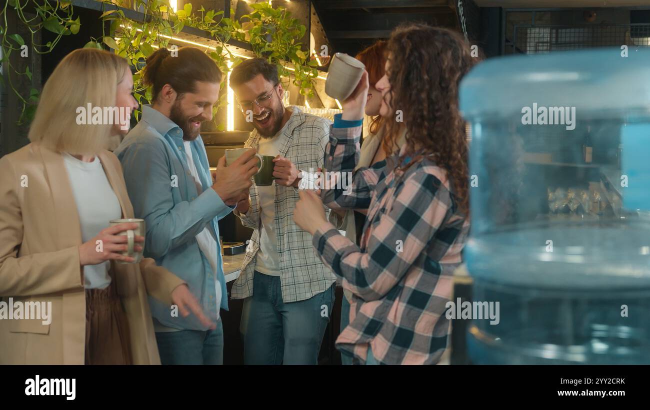 Happy multiracial group friends team mates freelance co-workers ...