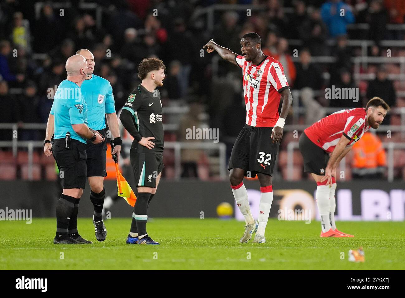 Southampton's Paul Onuachu (centre right) gestures towards referee ...
