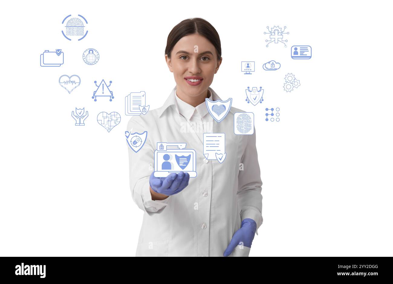 Medical privacy and confidentiality. Doctor with different icons coming ...