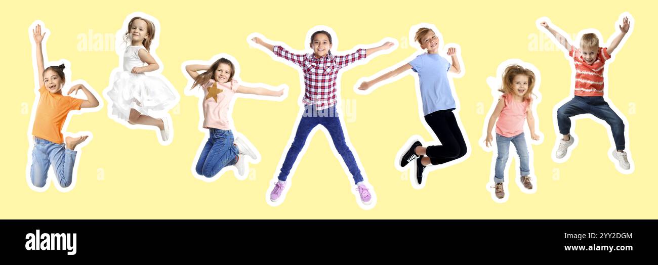 Happy kids with white outlines jumping on light yellow background ...