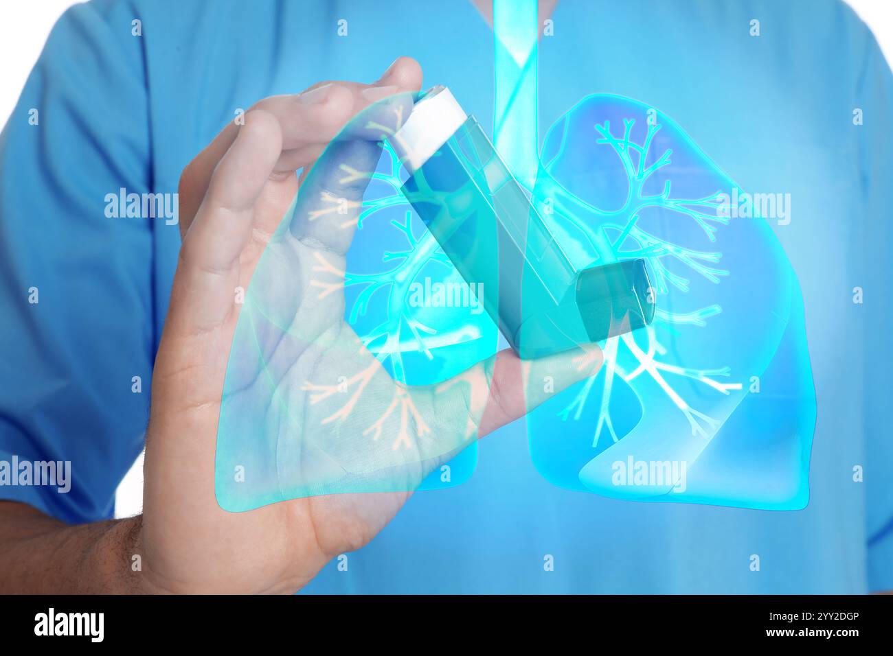Doctor holding asthma inhaler on white background, closeup ...