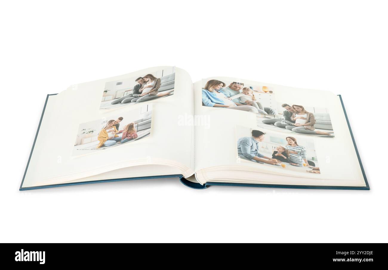 Open photo album with different photos isolated on white Stock Photo ...