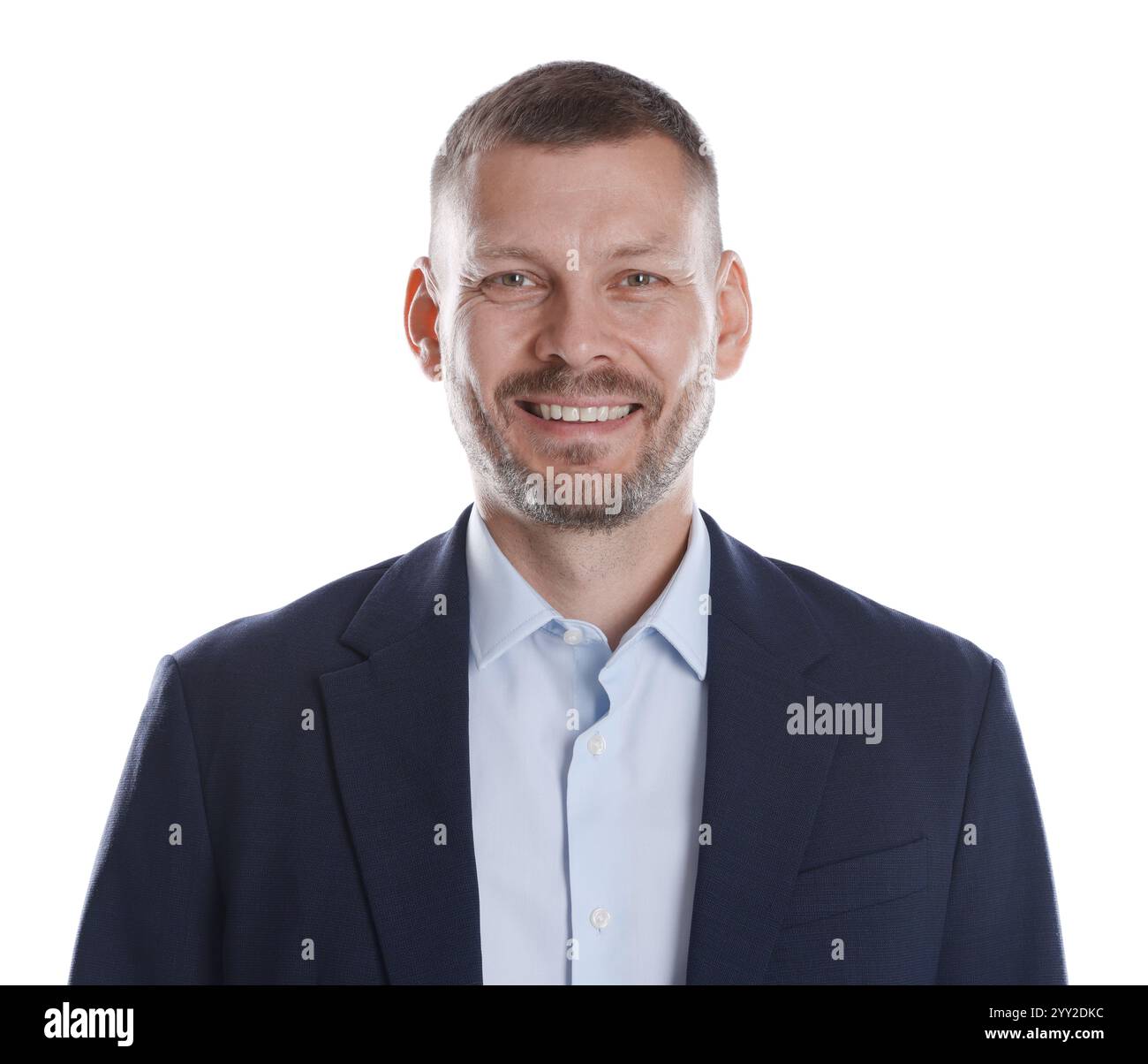 Portrait of happy banker on white background Stock Photo - Alamy