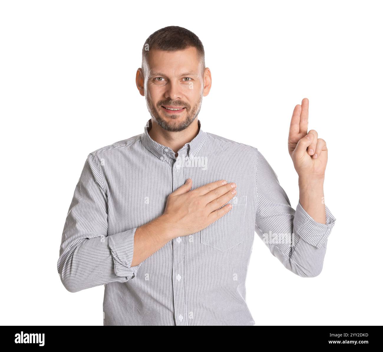 Man showing oath gesture on white background. Making promise Stock ...