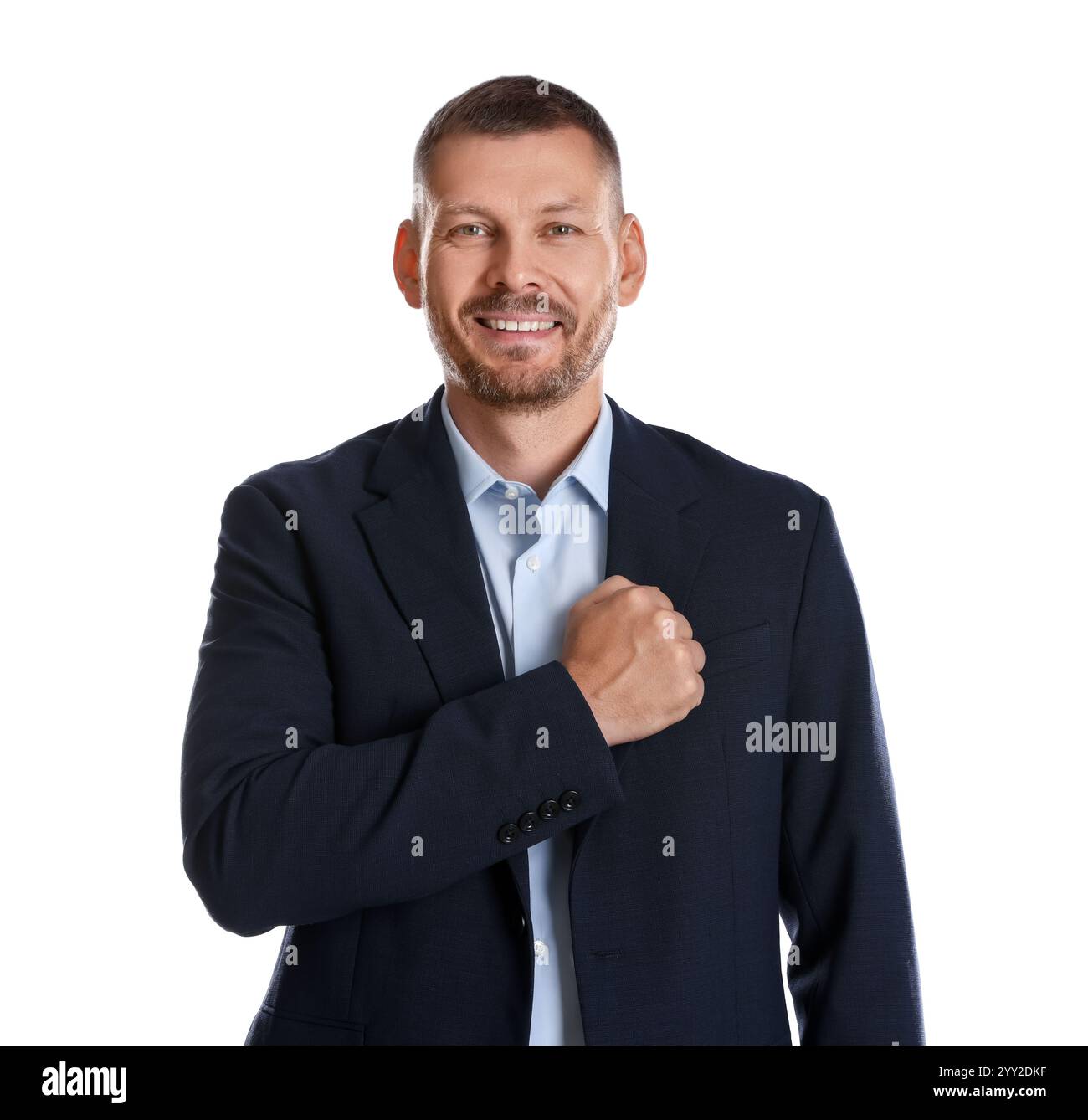 Man making promise on white background. Oath gesture Stock Photo - Alamy