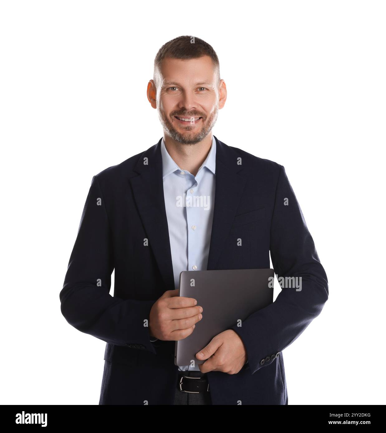 Portrait of banker with laptop on white background Stock Photo - Alamy
